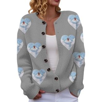 Generic Cardigan en tricot imprimé de Noël mignon pour femme, bonhomme de neige de Noël, coeur, coupe ample, boutonné, pull tricoté dhiver décontracté confort