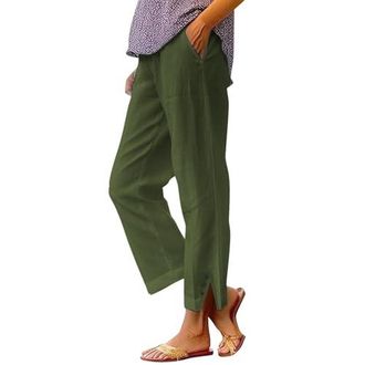 Generic Pantalon d&eacute;t&eacute; en coton et lin pour femme, pantalon court en coton et lin, taille &eacute;lastique, pantalon de d&eacute;tente l&eacute;ger &agrave; jambe droite avec poches, pant