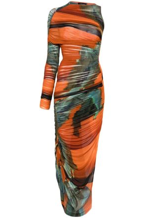 MUGLER Asymmetrisches Mesh-Kleid mit Archiv-Print - Orange