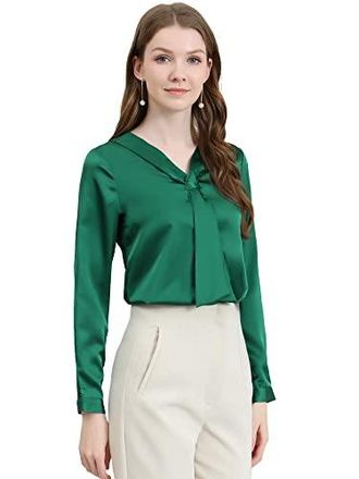 Allegra K Femmes Chemisier Soie Col Cravate Chemise Bureau &Eacute;l&eacute;gante Manches Longues Vert XL