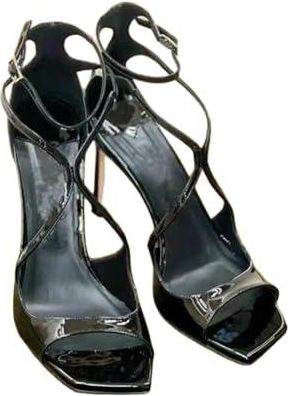 Generic YUJIEBB Sandales de gladiateur en cuir verni &agrave; bout ouvert pour femme avec sangle de cheville et bride de cheville Dor&eacute; Chaussures de f&ecirc;te d&eacute;t&eacute;, Noir,