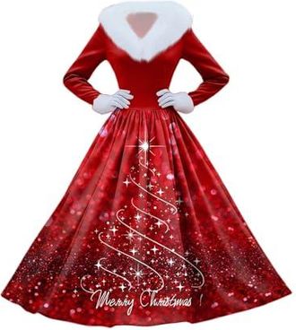 Generic Robe de Noël élégante pour femme - Col en V - Motif sapin de Noël - Robe décontractée - Longueur genou, Rouge, XXL