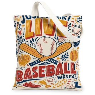 Generic Sacs fourre-tout en toile de baseball, motif sport r&eacute;tro, sacs d&eacute;picerie r&eacute;utilisables, l&eacute;gers et lavables en toile pour salle de sport O, cr&egrave;me, 13x1