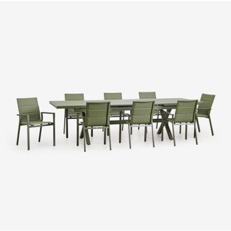 Sklum Karena rechteckiges ausziehbares Tischset 240-300x100 cm und 8 stapelbare Gartenst&uuml;hle mit Aluminiumarmlehnen Tiefes Gr&uuml;n Olive - Sklum