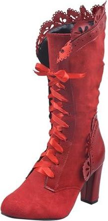 Generic Bottines &agrave; lacets pour femme - Talon bloc - Longueur mollet - Bottes victoriennes - Coupe large - Gothique Steampunk, b rouge, 38.5 EU