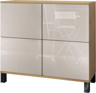 Vladon Kommode Rova V3, Moderner K&uuml;chenschrank mit 4 Push-to-Open T&uuml;ren Eiche Evoke/Sandgrau Hochglanz (92,5 x 84.5 x 35)