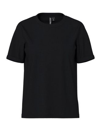 Pieces Ria Short Folded Sleeve Essential T-Shirt Pcria Ss Fold Up Solid Tee Noos Bc, Schwarz,S