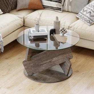 Giantex Table Basse en Verre, Table de Salon Ronde avec Plateau en Verre Tremp&eacute;, Pieds en Bois Massif, Style Rustique, pour Salon, Chambre, Bureau, Petit Espa