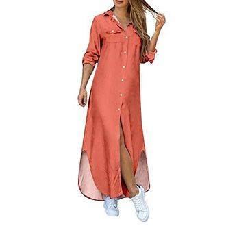 Generic 2025-Robe Chemise Femme Manche Longue- Robe Grande Taille Fendue Couleur Unie Chic Et &Eacute;l&eacute;gants Casual avec Boutons Classiques De Tous Les Jours Confor