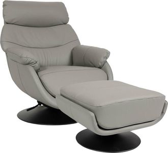 Hhg [NEUWERTIG] Relaxsessel mit Hocker HHG-356, Fernsehsessel Sessel, Wippfunktion drehbar, Metall Echtleder/Kunstleder grau