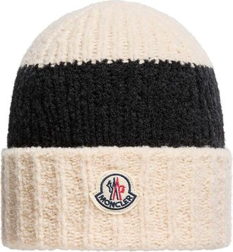 Moncler Moncler Bonnet Ray&eacute; En Maille De Laine Boucl&eacute;e M&eacute;lang&eacute;e, Homme, Noir, Taille: Uni