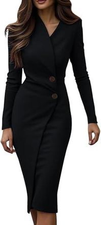 Generic Robe unie pour femme - Style formel - Style portefeuille - Robe midi boutonn&eacute;e - Legging de sport pour femme - Noir, Noir, XXL