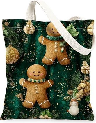 Generic Sacs fourre-tout en toile de pain d&eacute;pices, sacs de courses r&eacute;utilisables, motif biscuits festifs, sacs &agrave; provisions joyeuses vacances, l&eacute;gers et lavab