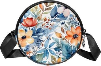 Generic Sac &agrave; bandouli&egrave;re rond pour femme, motif fleurs et feuilles, sac &agrave; dos avec fermeture &eacute;clair, bretelles r&eacute;glables, sac &agrave; main rond d&eacute;contract&eacute; pour fe