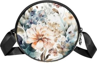 Generic Petit sac &agrave; bandouli&egrave;re circulaire pour femme, motif feuilles florales, sac &agrave; dos avec fermeture &eacute;clair, bretelles r&eacute;glables, sac &agrave; main rond d&eacute;contra