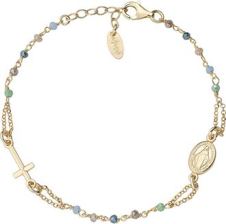 Amen Rosari Cross Rosenkranz Armband aus 925er Silber vergoldet hergestellt, mit Kristallen verziert, Länge: 18 + 2 cm verlängerbar, BRO25GMUV3