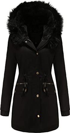 Generic Manteau dhiver &eacute;pais pour femmes avec fourrure - Couleur unie - Parka dhiver avec capuche - Coupe-vent avec poches - Longueur moyenne - Veste dhiver -