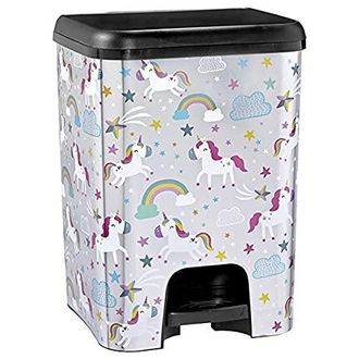 Great Plastic Class 26 Liter Treteimer in Silber mit Einhorn-Design, Kunststoff, 26 Liter