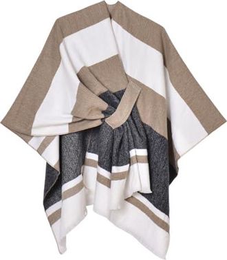 ORANDESIGNE Poncho Femme Hiver Chaud Cape Elegant Poncho Imitation Cachemire Chale Couleurs Unies Carreaux Rayures Ch&acirc;le C Kaki