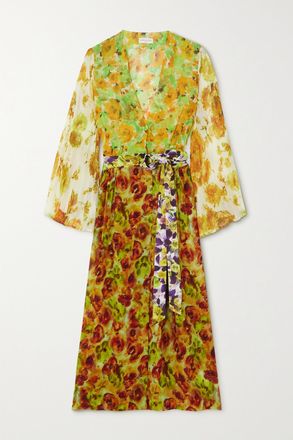 Dries Van Noten Robe Midi Portefeuille En Georgette &Agrave; Imprim&eacute; Fleuri, Plis Et Ceinture - Jaune