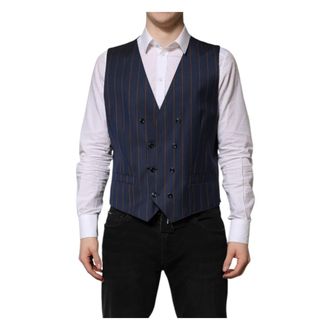 Dolce & Gabbana Homme, Vestes, Bleu, Taille: XL Gilet Formel Homme en Laine &agrave; Rayures Bleues