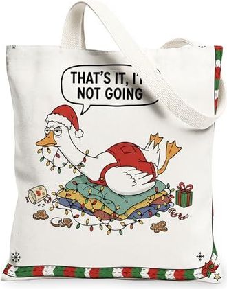 Generic Funny Goose Sac fourre-tout en toile de No&euml;l Motif dessin anim&eacute; Sac &agrave; provisions r&eacute;utilisable l&eacute;ger et lavable Bandouli&egrave;re C, blanc, 13x15 Inch