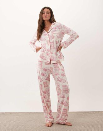 Chelsea Peers superweiches Pyjama-Set mit Knopfleiste in Pink mit Bilderbuch-Print-Rosa