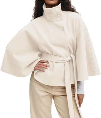 Generic Ponchos à manches chauve-souris pour femmes, manteau surdimensionné, col montant, ceinture, cape, manteau, manteau, cape, manteau, cape automne-hiver,
