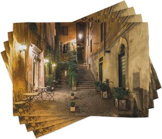 Abakuhaus Italienisch Platzmatten, Old Cafe in Rom Stadt, Waschbare Stoff Esszimmer Küche Tischdekorations Digitaldruck, Hellgelb Grün