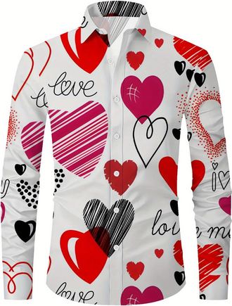 Generic Valentine Hemd Herren mit Herzen Herz Druck Langarm Herrenhemd Leichtes Freizeit Tops Casual Atmungsaktive Bedruckte Oberhemden Hawaiihemd Herrenhemde