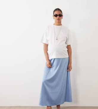 Mama Licious Mamalicious - Jupe mi-longue de grossesse en satin recouvrant le ventre - Bleu brunnera