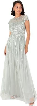 Maya Womens Maxi Dress Ladies Round Neck Sheer Cap Sleeve Sequin Embellished Tulle A-Line Evening Occasion Prom Ball Gown, Vert Lys 38