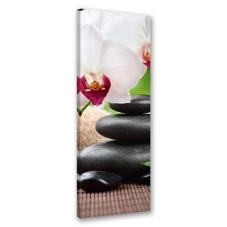 Feeby Leinwand Bilder - Bild Wohnzimmer - Zen Steine Schwarz Orchidee Wei&szlig; - 30x90 1tlg - Deko Schlafzimmer Gro&szlig; - Dekoration Canvas - Gem&auml;lde - Modern Wand