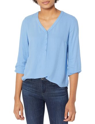 Amazon Essentials Damen Popover-Shirt Mit 3/4-Ärmeln Und Knöpfen, Locker Sitzende Bluse Mit V-Ausschnitt, Französisch Blau, XL