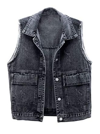 ORANDESIGNE Femme Veste en Jeans sans Manches Court Manteaux Boutons Veste en Jean avec Poches Printemps &eacute;t&eacute; Femme Denim Gilet Veste Sans Manches Jean Gilet Hauts