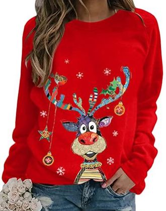 Onsoyours No&euml;L Cadeaux Shirt Sweat Femme Automne Printemps Hiver Christmas Dessus de Manche Longue &Eacute;Paule Hauts Chemisier Top Blouse T-Shirt Sweatshirt A Rouge 