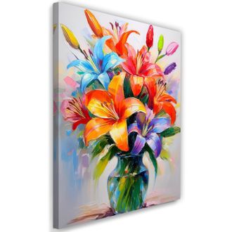 Feeby Leinwand Bilder - Bild Wohnzimmer - Farbige Lilien in einer Vase Gemalt - 40x60 1tlg - Deko Schlafzimmer Gro&szlig; - Dekoration Canvas - Gem&auml;lde - Modern W