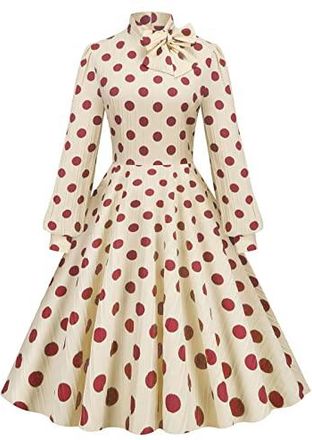 Generic Robe Vintage Ann&eacute;es 50 Femme Retro Glamour Pin-Up Chic Et Elegante Robes Manches Longues Polka Dot Ann&eacute;e 40 50 60 Swing Casual Dress De Mariage Bal Re