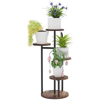 OUTSUNNY Étagère pour plantes à 5 niveaux Support pour plantes en bois et acier avec 5 étagères rondes Support pour pots de fleurs pour intérieur et extérieur 
