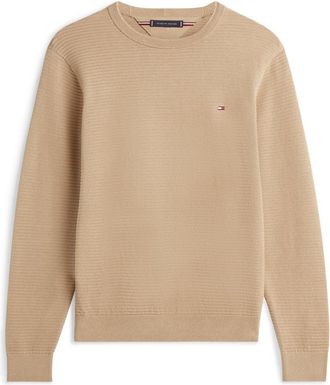 Tommy Hilfiger Rundhals-Pullover aus Baumwolle mit Struktur und Logo-Aufn&auml;her in