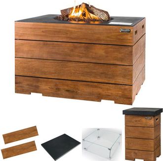 Happy Cocooning Mania Feuertisch Komplettset Lounge&Dining 19,5 kW rechteckig 107x80x67,5 cm Teakhol - Happy Cocooning