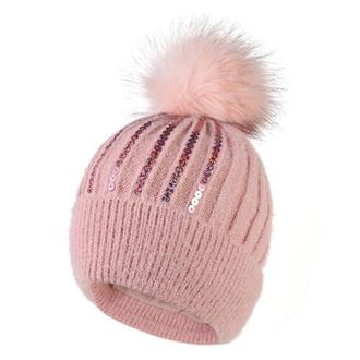 Generic Beanie Bonnet dhiver chaud en tricot avec paillettes et pompon en fourrure synth&eacute;tique pour femme Accessoire tendance pour les jours froids, 01-rose c