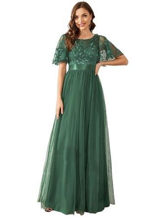 Ever-pretty Robe de Soir&eacute;e pour Mariage Demoiselle dhonneur Manches Courtes Taille Empire A-Line Tulle Longue Femme Vert Eucalyptus 56