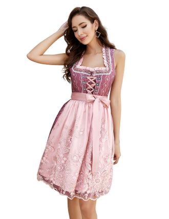 KOJOOIN Dirndl Damen 2tlg.Trachtenkleid Mid Dirndl Kurz mit Spitzensch&uuml;rze f&uuml;r Oktoberfest Tiefes Rosa(High-End) 38