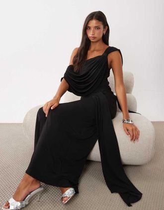 Tfnc flie&szlig;endes Maxikleid mit Drapierung, schulterfreiem Knoten-Detail in Schwarz