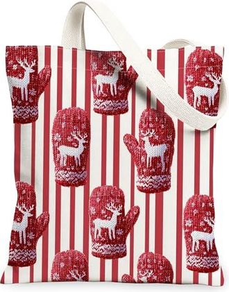 Generic Sacs fourre-tout en toile de vacances, motif moufles festives, sacs d&eacute;picerie r&eacute;utilisables, confortables style dhiver, l&eacute;gers et lavables &agrave; l&eacute;paule p