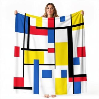 Generic Couverture Polaire 180x200 cm Motifs Géométriques Flanelle Plaid Bleu et Jaune, Couverture lit 2 Personnes, Plaid Doux et Chaud pour Jeté de Canapé et