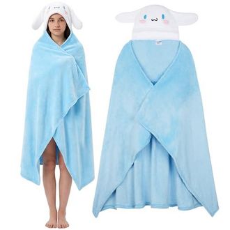 Hello Kitty Sanrio Couverture &agrave; Capuche Fille et Ado, Kuromi Cinnamoroll Plaid Polaire Chaud et Doux pour se Blottir, Kawaii Cadeau Anime (Bleu Cinnamoroll)