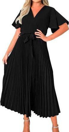 Generic Robe midi d&eacute;t&eacute; ample &agrave; manches courtes avec ceinture et col en V pour femme - Grande taille, Noir, XL