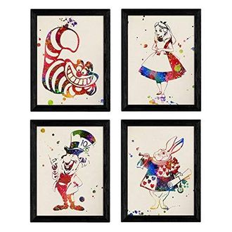 Nacnic Ensemble de quatre impressions de style Eclat de couleur. Affiches dAlice au pays des merveilles. Feuilles A4 dAlice, le lapin, le chapelier fou et le